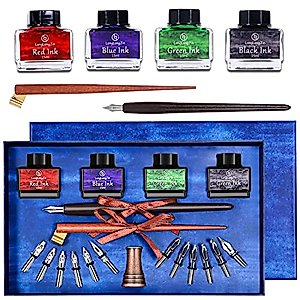 LongLongJin Calligraphy Set for Beginners-calligraphy Fountain Pen,2 Wooden Dip Pen, 12 Replaceable Stainless Steel Tips, 4 Bottles of of Ink,1pen Holder