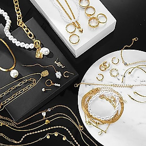 17IF 36 Pcs Gold Jewelry Set with 8 Pcs Rings, 6 Pcs Necklace, 12 Pcs Bracelet and 10 Pcs Earring Ear Cuff for Women Fashion Indie Costume Jewerly Pack for Anniversary Birthday Friendship MerryChristmas Party Gift