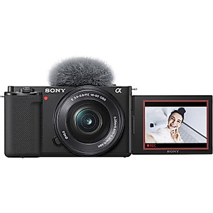 Sony ZV-E10 Mirrorless Camera with 16-50mm Lens (Black) (ILCZV-E10L/B) + 64GB Memory Card + Card Reader + Case + Flex Tripod + Memory Wallet + Cap Keeper + Cleaning Kit (Renewed)