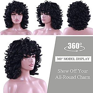 Kavsni Short Curly Wigs for Black Women Soft Black Big Curly Wig with Bangs Afro Kinky Curls Heat Resistant Natural Looking Synthetic Wig for African American Women （Black）