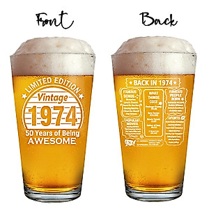 QUPT 50th Birthday Gifts for Men Women Friends, Vintage 1974 Printed 16oz Beer Glass - Funny 50 Year Old Presents - Back in 1974 Old Time Information