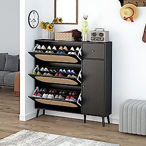 Pvillez Shoe Storage with Flip Drawers,NaturalRattan Shoe Cabinets,Shoe Organizer Rack w Wooden Shoe Organizer for Entryway/Bedroom/Living Room/Apartment,Free Standing