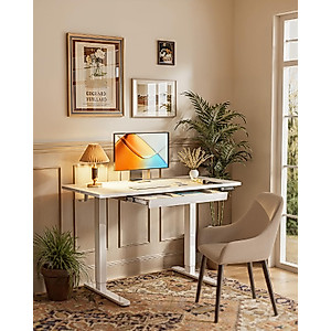 ErGear Standing Desk with Drawer, 44 x 24 inch Electric Height Adjustable Desk with 4 Preset Heights & 2 Storage Hooks, Sit Stand Desk with Drawer, Computer Home Office Desk with Splice Board, White