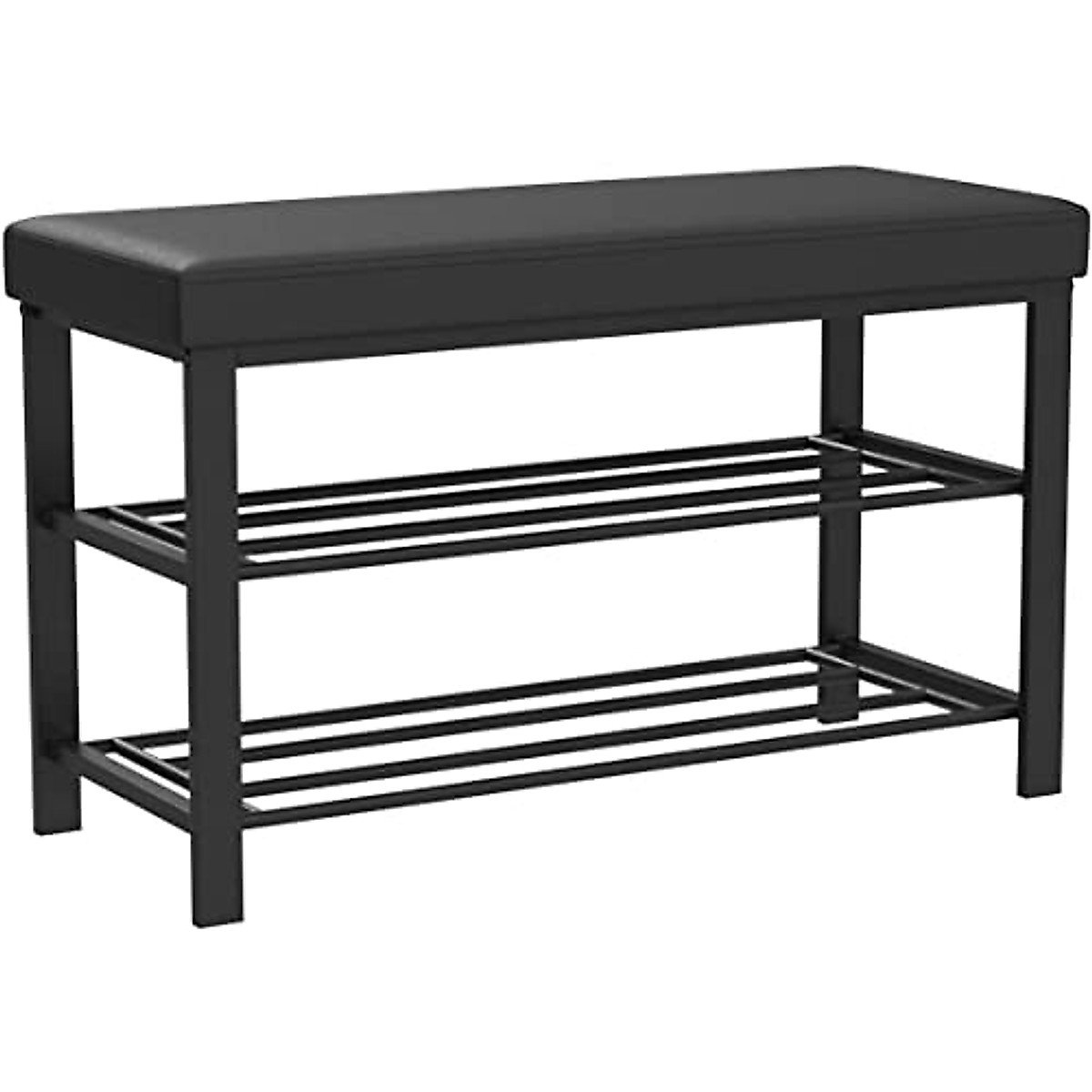 Finnhomy Entryway Shoe Rack with Cushioned Seat, 2 Shelves Storage Bench w/Faux Leather Top Bed Bench, Black
