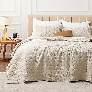 BEDELITE Ultra Soft Bone King Size Quilt Set 3 Piece - Modern Style Bed Quilt with Rice Stitch Embroidery - Nature Bedspread Coverlet for All Seasons (Linen, Includes 1 Quilt and 2 Pillow Shams)