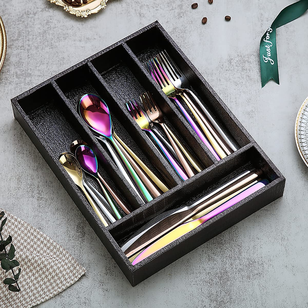 Kyraton Black Leather Wood Kitchen Flatware Drawer Organizers, Silverware Drawer Organiser and Cutlery Tray, Utensil Tray Drawer Organizer, Cutlery Flatware Organizer With Drawers