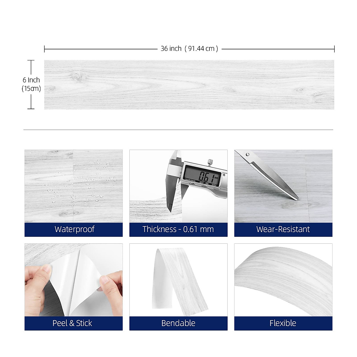 FunStick 6"x36" Peel and Stick Flooring Planks White Wood Vinyl Flooring Peel and Stick Floor Tile White Grey Wood Vinyl Plank Flooring Waterproof Sticky Tiles for Floor Bedroom Bathroom Kitchen 5 Pcs