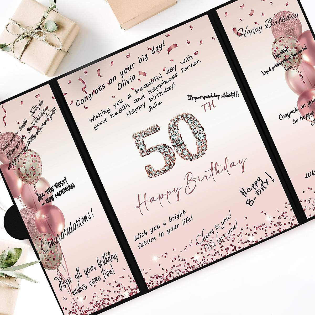DARUNAXY Rose Gold 50th Birthday Party Decorations for Women, Happy 50th Birthday Alternative Signature Guest Book Black Pink 50 Birthday Signing Card Board Party Supplies Cheers to 50 Years Old Gift