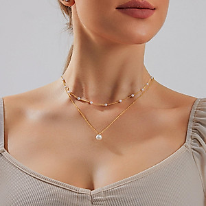 Partm Pearl Necklace for Women Layered Trendy 14K Gold Plated Dainty Pearl Pendant Choker Set Handmade Pearl Gold Necklace Stack Simple Cute Jewelry Gifts for Women