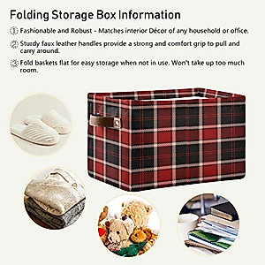 ALAZA Decorative Basket Rectangular Storage Bin, Red Black and Pink Tartan Plaid Scottish Organizer Basket with Leather Handles for Home Office