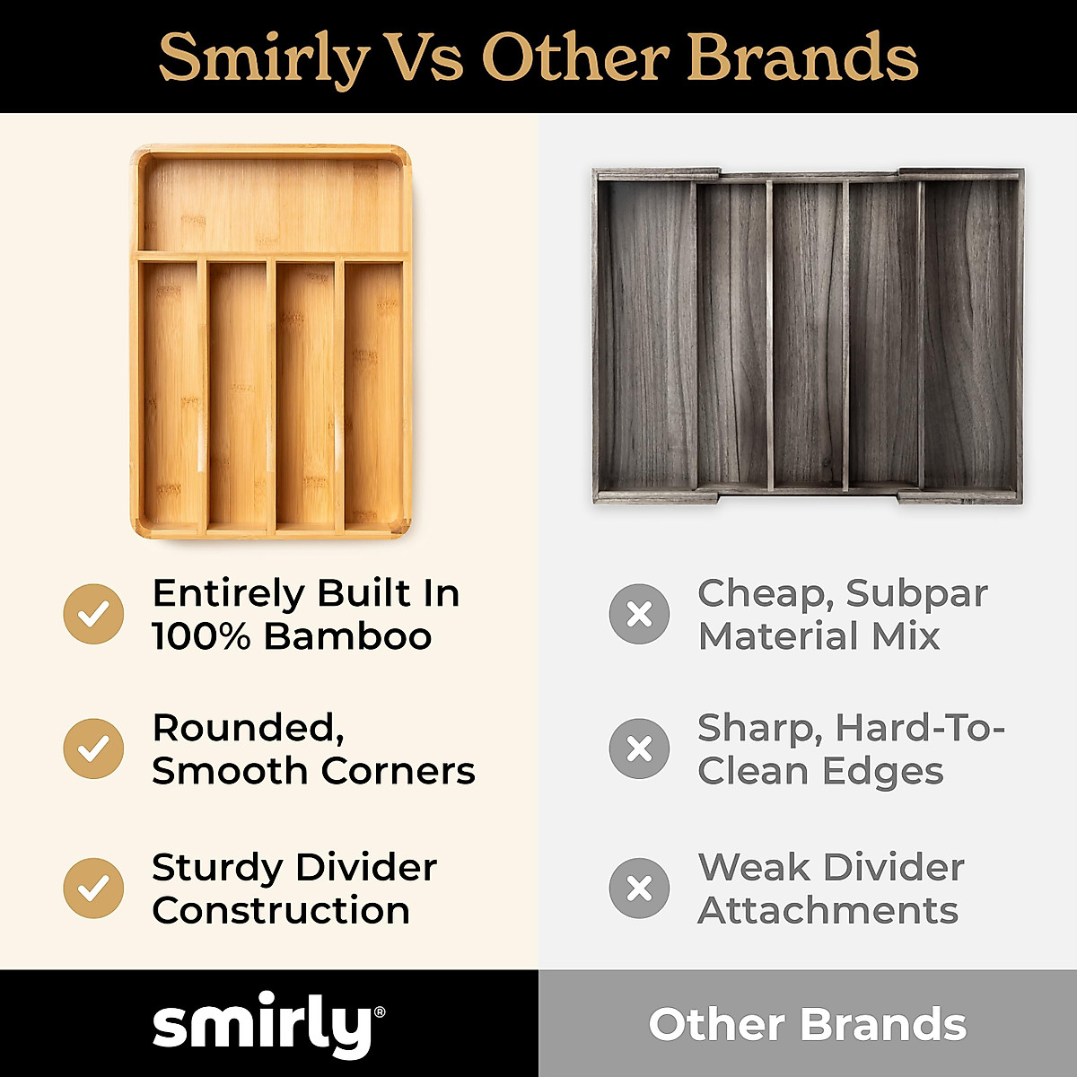 SMIRLY Silverware Drawer Organizer – Bamboo Kitchen Drawer Organizer, Adjustable Utensil Holder and Cutlery Tray, Drawer Dividers for Flatware and Kitchen Utensils