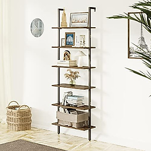 Wolawu Ladder Shelf Black 6 Tiers Modern Bookshelf Room Organizer Open Tall Wall Mount Bookcase Standing Leaning Wall Shelves Industrial Decorative Living Room Bed Room