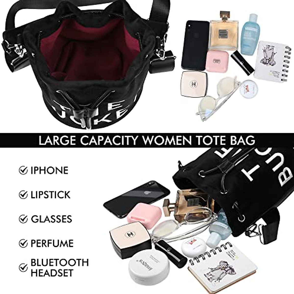 JQAliMOVV Bucket Bags for Women, Mini Bucket Bag Purses Soft Plush Crossbody Bucket Bags Drawstring Handbags Hobo Bag (Black)
