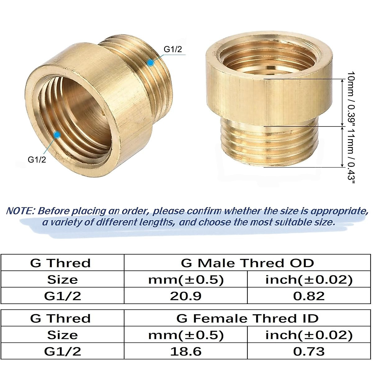 Shower Head Extension Arm, 2 Pack Brass G1/2 Male to G1/2 Female Thread 20mm Length Pipe Fitting Coupler Copper Shower Head Extender with 8M PTFE Pipe Sealant Tape