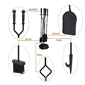 VODA Fireplace Tools Set 5 Pieces 31.5In Cast Iron Indoor Fireside Accessories Large Fire Place Tool Set Outdoor Holder Fire Kit Stand Wood Stove Log Shovel Brush Tong and Fireplace Poker