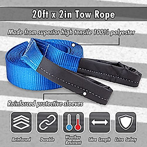 Cartman 2" x 20' Tow Belt Heavy Duty 10,000Lbs Tow Strap Off Road Towing Rope with Reinforced Loops for Recovery Vehicles