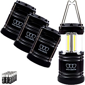 Gold Armour LED Camping Lantern, Battery Powered LED Lanterns, 500 Lumens, Survival Kits for Power Outages, Hurricane, Emergency, Portable Lights Gear, Alkaline Batteries Included (4Pack Black)