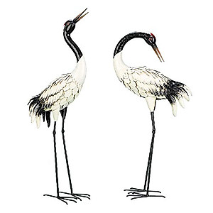 chisheen Garden Crane Statues Outdoor Heron Red Crowned Crane Metal Yard Art Sculpture,Set of 2