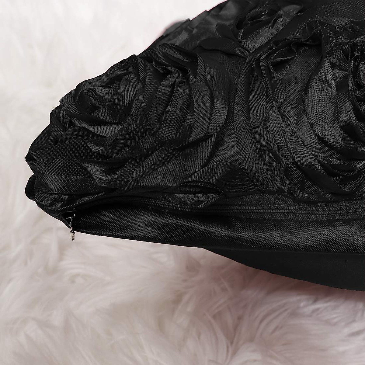 PiccoCasa 3D Flowers Throw Pillow Cover, Romantic Decorative Satin Cushion Cover, Stereo Roses Pillow Cover for Bed Sofa Couch, 16'' x 16'', Black