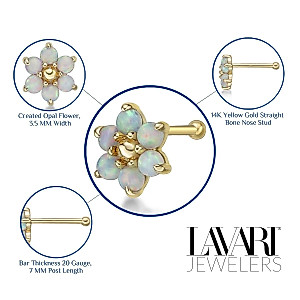 Lavari Jewelers 20 Gauge Opal Swarovski Crystals 6 Petal Flower Straight Bone Nose Stud in 14k Yellow Gold 3.5 mm 20G