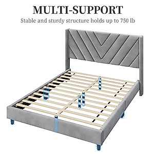 Yaheetech Upholstered Platform Bed with Wing Side Headboard,Heavy Duty Wooden Slat Support/No Box Spring Needed/Easy Assembly, Light Gray Full Bed