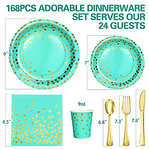Gudvilla 168PCS Teal Party Plates and Cups and Napkins sets,Teal Paper Plates Bulk with Gold Cutlery Serve 24 Guests,Teal Party Supplies Bridal Shower Birthday for Teal and Gold Wedding Decorations