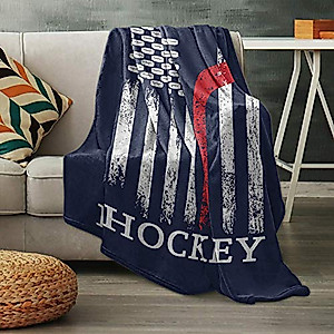 Winter Hockey Sport Soft Flannel Throw Blankets, America Flag Luxury Comfort Fleece Blanket for Teen/Man/Woman/Kid, Blue White Stripe 50x60in Cozy Warm Lightweight Bed Cover Sofa Couch Chair Decor