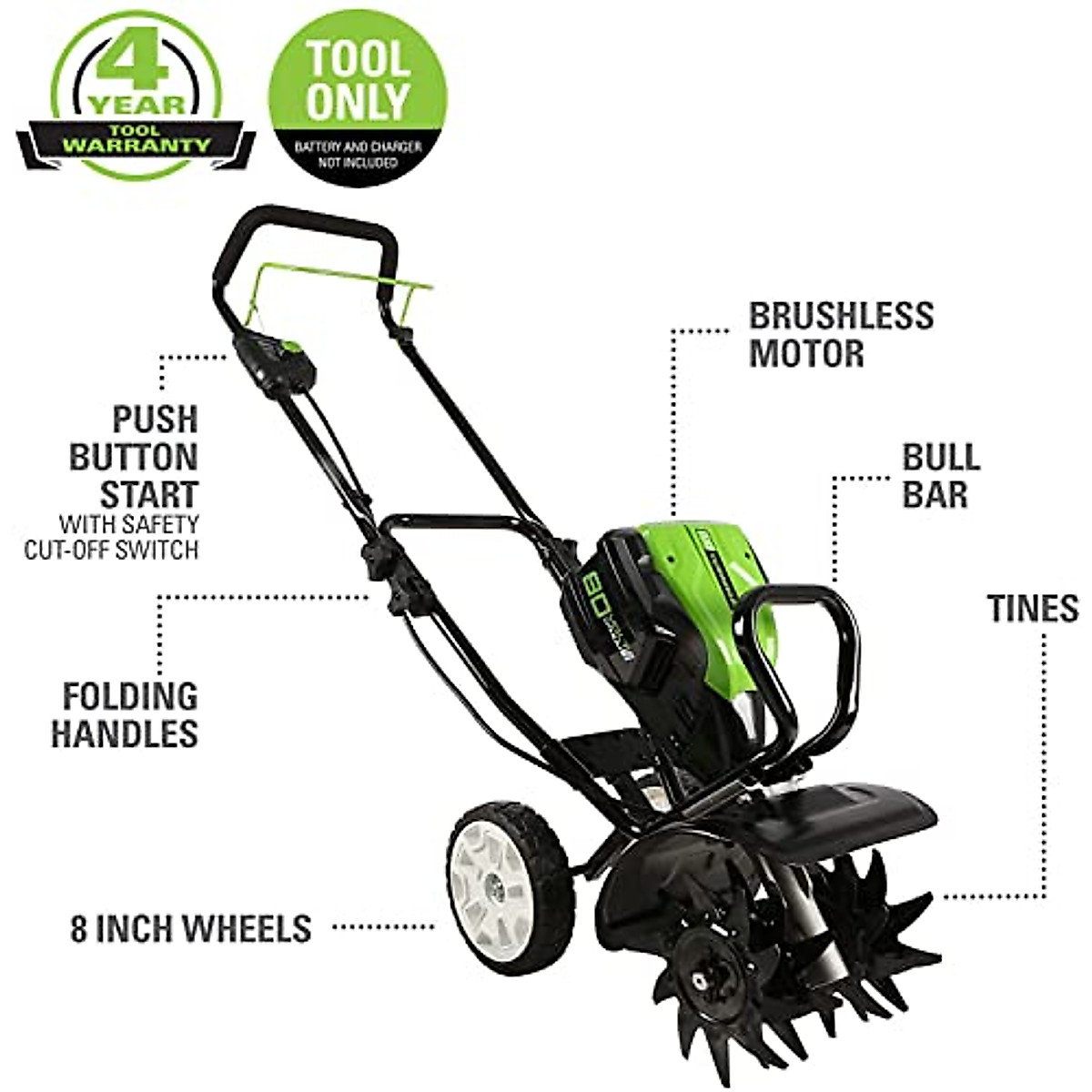 Greenworks Pro 80V 10 inch Cordless Tiller Cultivator, Tool Only, TL80L00