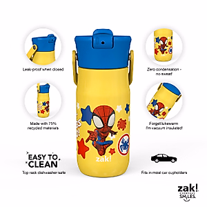 Zak Designs Harmony Marvel Spidey and His Amazing Friends Kid Water Bottle for Travel or At Home, 14oz Recycled Stainless Steel is Leak-Proof When Closed and Vacuum Insulated (Spiderman)