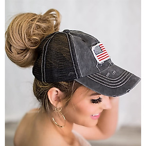 UTOWO Women Baseball-Caps Distressed-American-Flag Ponytail-High-Bun Trucker Dad-Hats (Black - High Ponytail Mesh)