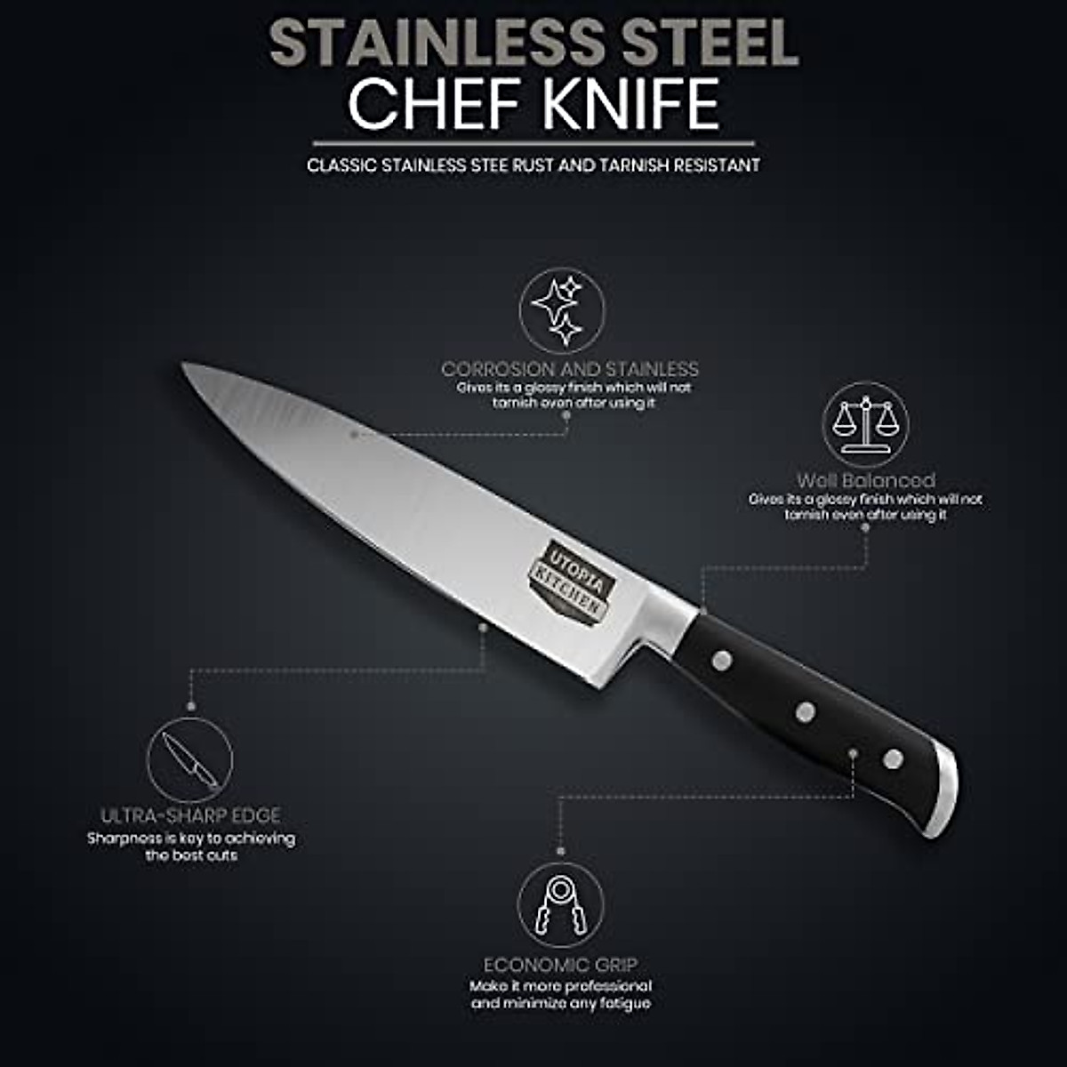 Utopia Kitchen 8 inch Chef Knife Cooking Knife Carbon Stainless Steel Kitchen Knife with Sheath and Ergonomic Handle - Chopping Knife for Professional Use (Black)