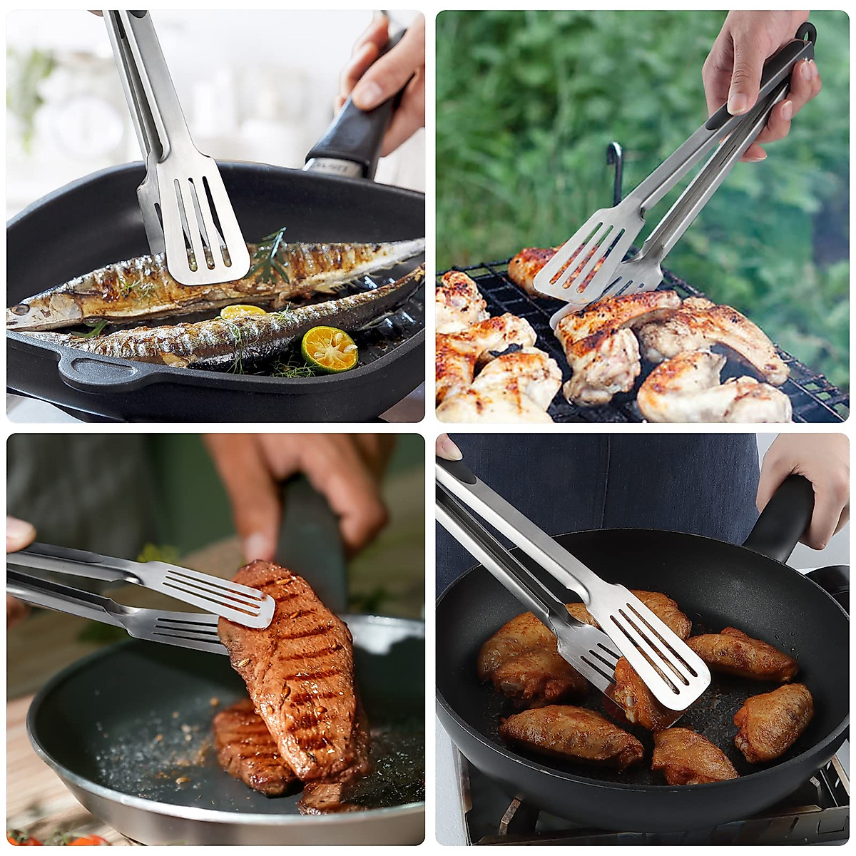 Lebabo Metal Tongs for Cooking, Set of 2 Stainless Steel Spatula Tongs for Grilling, Cooking and Flipping, Strong Grip for Ribs, Steak and Fish, Comfortable Grip, Easy Pull Lock, 9 inch & 12 inch