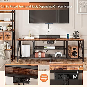 Furologee TV Stand with Power Outlets for 65 70 inch TV, Entertainment Center with Open Storage Shelves, Long 63'' TV Media Console Table with Soundbar Shelf for Living Room, Bedroom, Rustic Brown