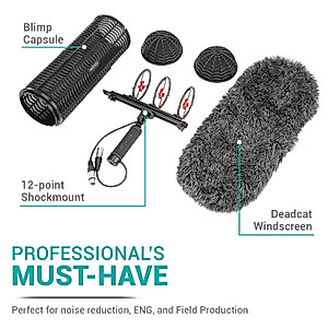 Movo BWS1000 Blimp Wind & Vibration Protection System for Shotgun Microphones - Features 12-point Internal Shockmount, Integrated XLR Cable, Furry Deadcat Windscreen & Grip Handle with Boom Attachment