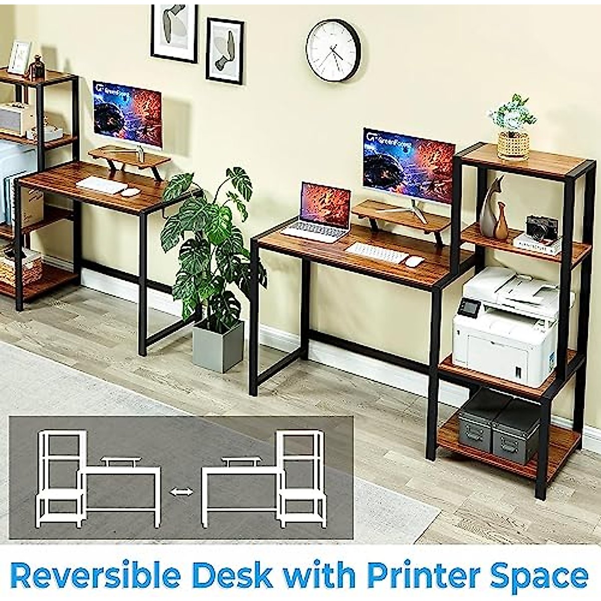 GreenForest Computer Desk 59 inch with Storage Printer Shelf Reversible Home Office Desk with Movable Monitor Stand and 2 Headphone Hooks for Study Writing PC Gaming Working, Walnut
