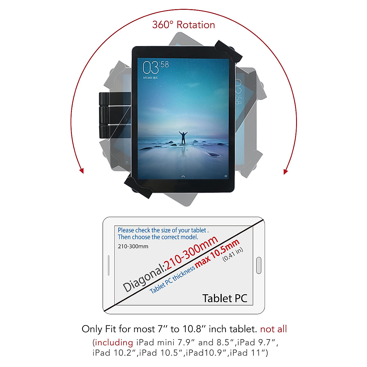 WeSTRUGGLE Tablet Wall Mount, Adjustable Arm Swivel, Anti-Theft Security Lock & Key, Foldable, 360 Rotating, Black