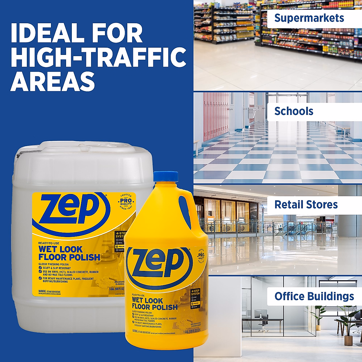 Zep Wet Look Floor Polish - 1 Gallon (Case of 2) ECZUWLFF1282 - Long Lasting Glossy Finishing Polish, Scuff & Slip Resistant, for Vinyl (VCT), Sealed Concrete, Rubber, and No-Wax Tile Floors
