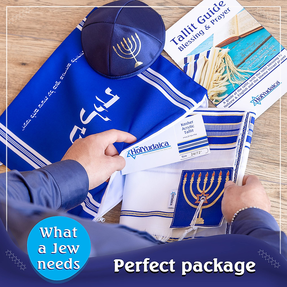 HolYudaica Tallit Prayer Shawl with Matching Bag, Certified Kosher, Kumi Ori 24"x72", Uniq Design on The Attara & Corners, Made in Israel, Soft Acrylic Tallit Prayer Shawl For Men & Women (Blue)