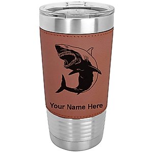 LaserGram 20oz Vacuum Insulated Tumbler Mug, Great White Shark, Personalized Engraving Included (Faux Leather, Dark Brown)