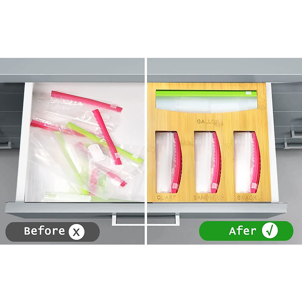 Food Ziplock Bag Storage Organizer For Kitchen Drawer, Bamboo Baggie Holder, Compatible With Ziploc, Solimo, Glad, Hefty For Gallon, Quart, Sandwich And Snack Variety Size Bags(1 Box 4 Slots) (1)