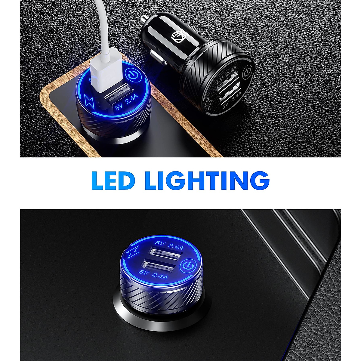 【2Pack】 USB Car Charger, Dual USB Port Car Charger Adapter, 5V/4.8A Charge Car Phone Charger with Blue LED & Touch Switch Fit for iPhone 13/12 Pro/Max/8, Galaxy S21/20/10/9 (Black)