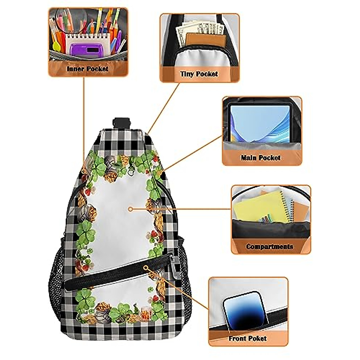 Gsypo Sling Backpack, St.Patrick's Day Shamrocks Gold Black Buffalo Plaid Waterproof Lightweight Small Sling Bag, Travel Chest Bag Crossbody Shoulder Bag Hiking Daypack for Women Men