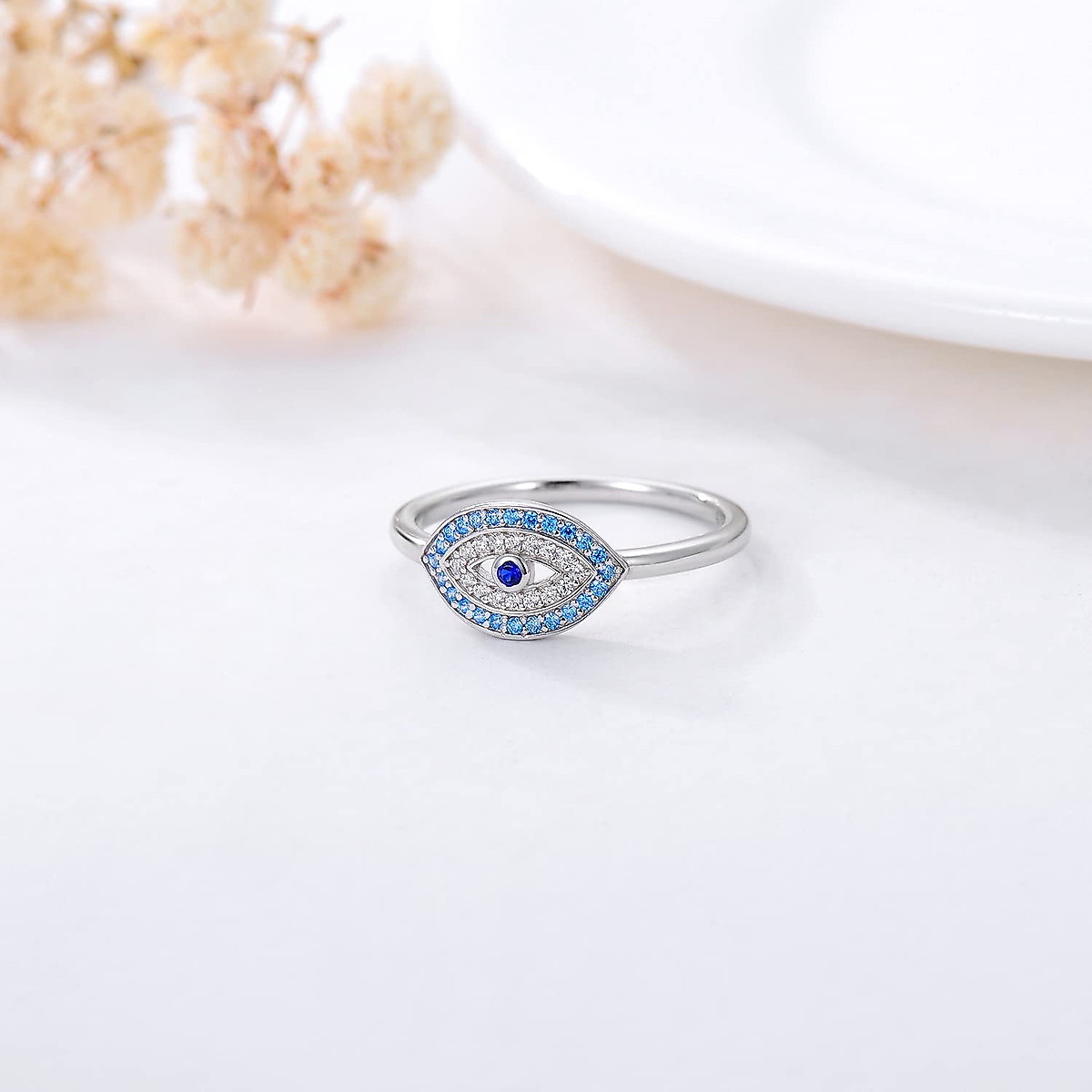 PELOVNY Evil Eye Ring Sterling Silver 925 - Turkish Evil Eye Ring - Light Blue CZ All Seeing Eye Rings For Women Size 8
