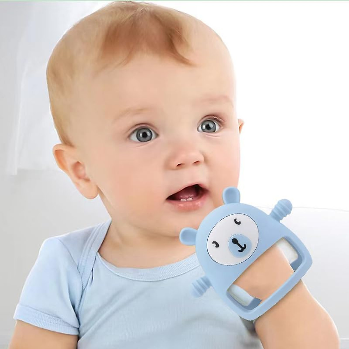 Baby Teething Toy, Silicone Baby Teether Toy for Babies, Hand Teether Pacifiers for Infants, Silicone Baby Mitten Teether for Soothing Teething Pain Relief, Baby Chew Toy (Blue)