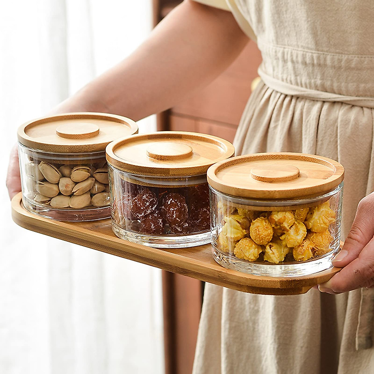 KVMORZE 9.5oz Chip and Dip Serving Set with Bamboo Tray, Snack Candy Fruit Nut Serving Platter, Small Glass Dipping Serving Bowls with Lids for Condiments, Side Dishes, Pre, Dessert, Salsa (4 Slots)