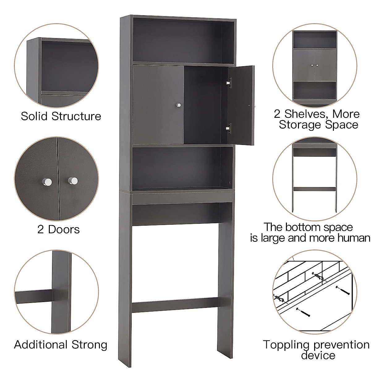 ME2 Bathroom Over The Toilet Storage, 77'' Taller Bathroom Organizer Shelf Space-Saving Collect Cabinet with Shelves and Double Doors, Grey