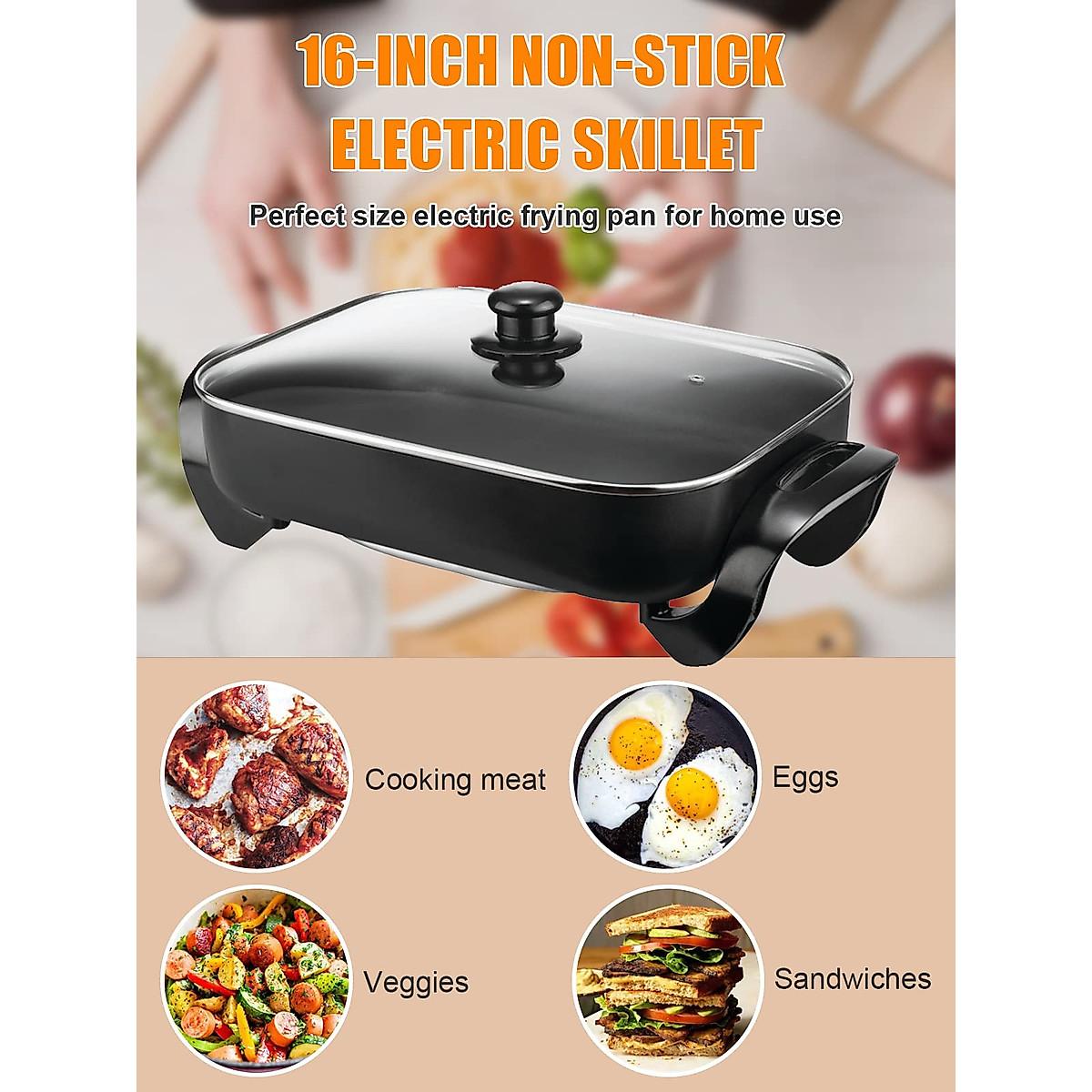 Extra Deep Electric Skillet Nonstick - 16 Inch Frying Pan With Glass lid, Server for 4 Perple or Family, for Frying, Steaming, Boiling, Easy to Clean,Dishwasher Safe