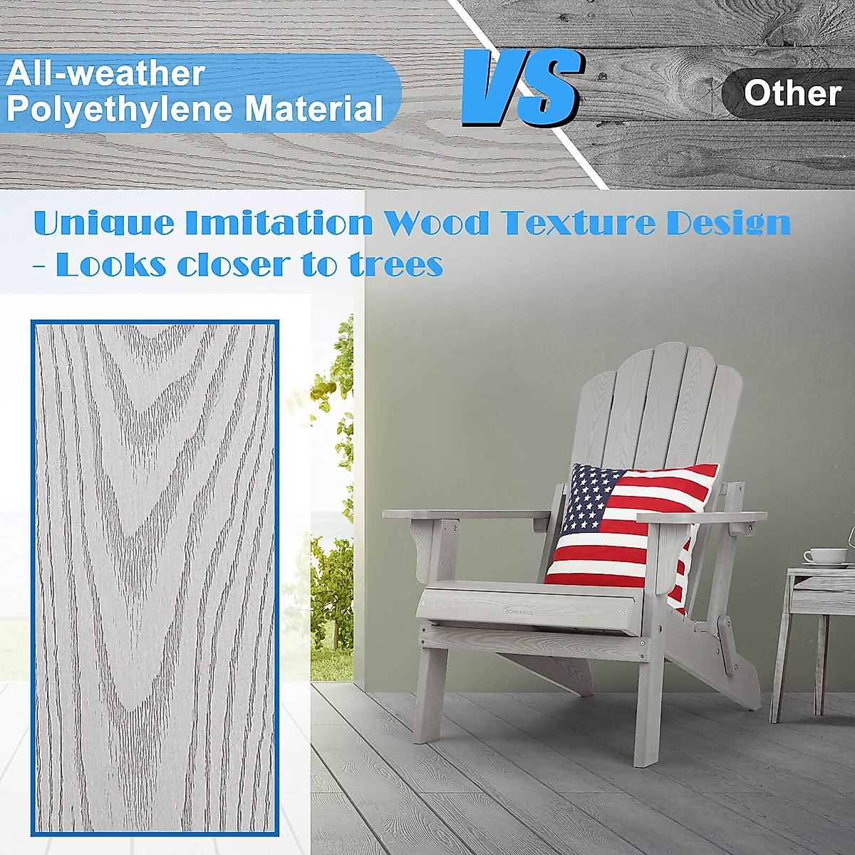 hOmeHua Folding Adirondack Chair Weather Resistant, Hard Plastic Imitation Wood Stripes Adirondack Chair, Easy to Fold Move & Maintain, Outdoor Chair for Patio, Backyard Deck, Fire Pit - Gray