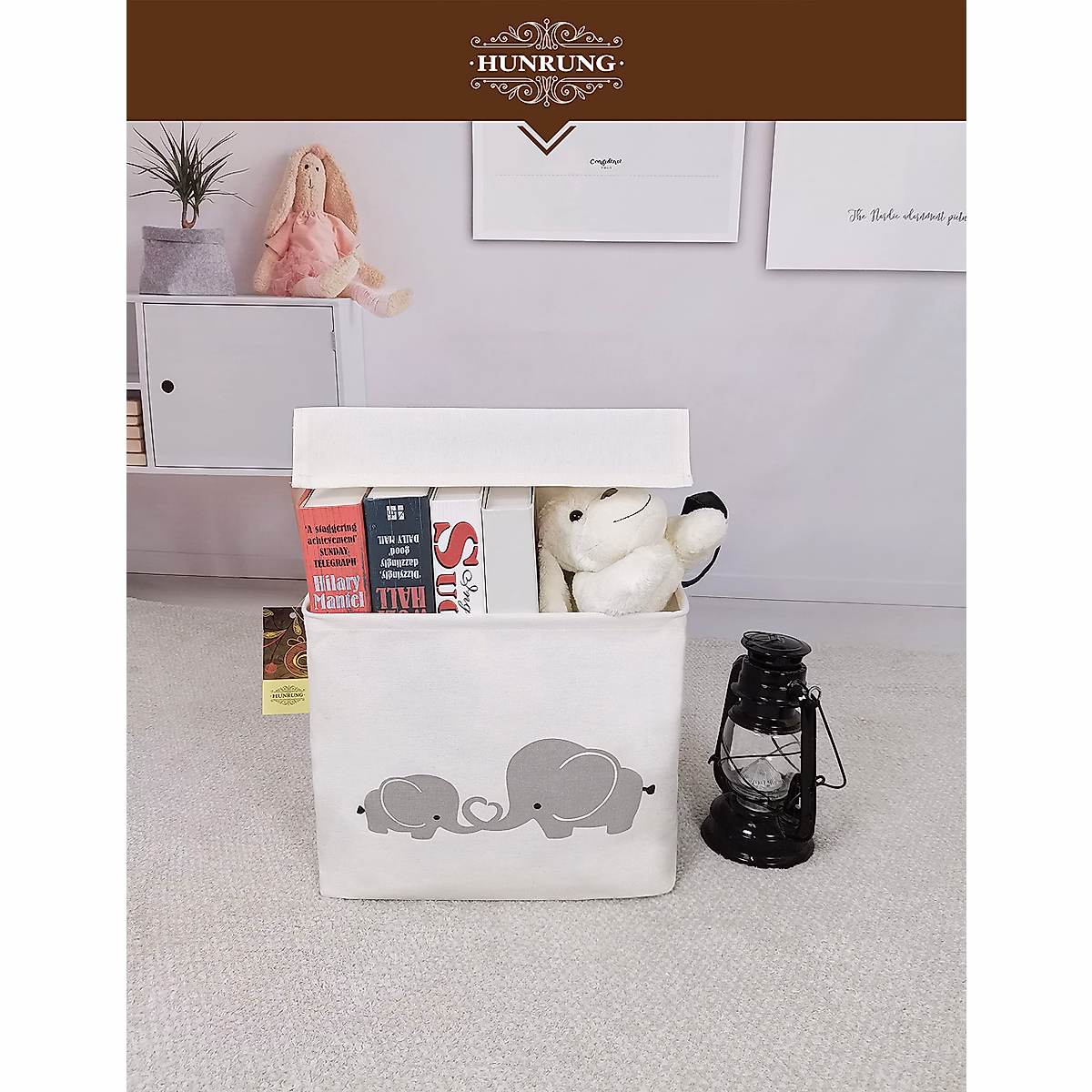 HUNRUNG Storage Boxes with Lids Rectangle/Square Storage Bins，Storage Basket Cute Canvas Organizer Bin for Pet/Children Toys, Books, Clothes Perfect for Rooms（Square-Love-Elephant-with lid）