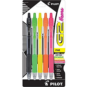 Pilot G2 Neon Gel Pen, Retractable, Fine 0.7 Mm, Assorted Neon Ink and Barrel Colors, 5/Pack